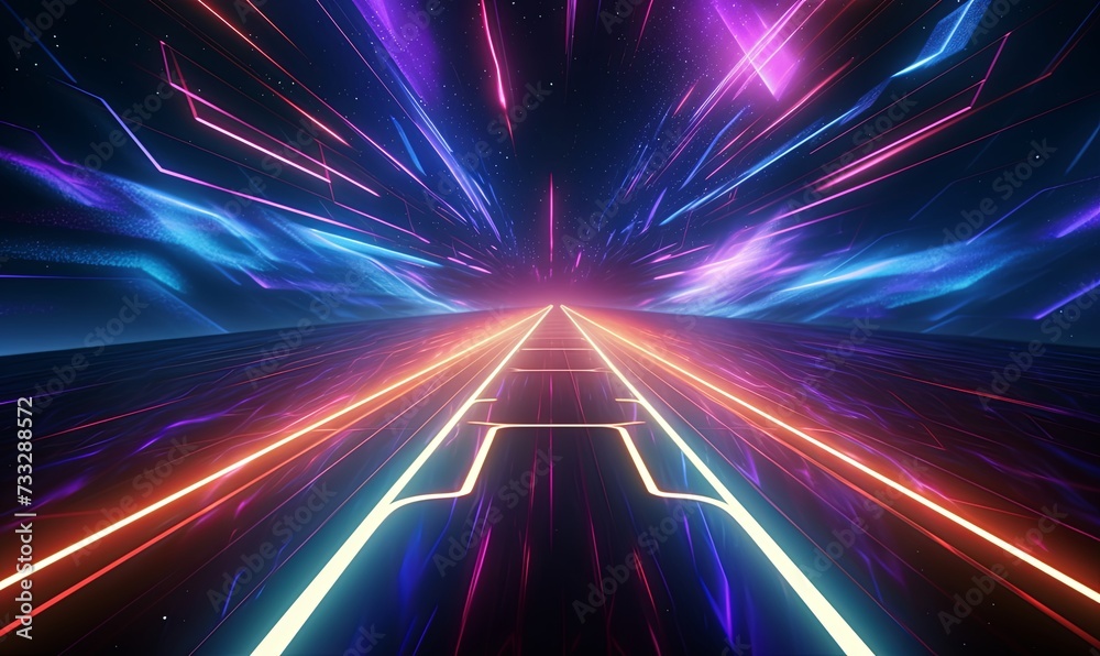 Neon racing virtual track in multiverse background. Cyber blank glowing ...