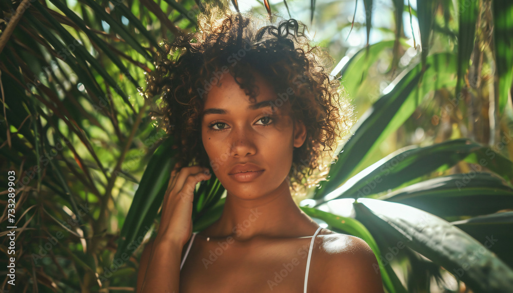 Portrait of a female model in a tropical setting. African-American or ...