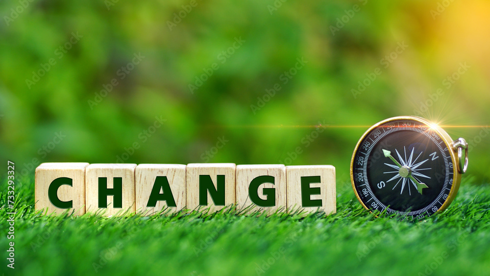 Word Change on wooden cubes with gold compass on green grass over blur ...
