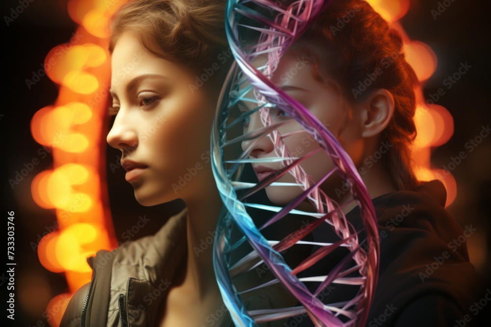 Twin sisters with a translucent DNA helix, symbolizing genetic ...