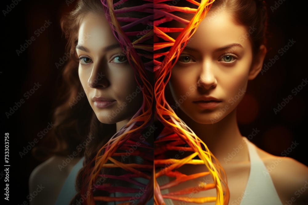 Twin sisters with a translucent DNA helix, symbolizing genetic ...