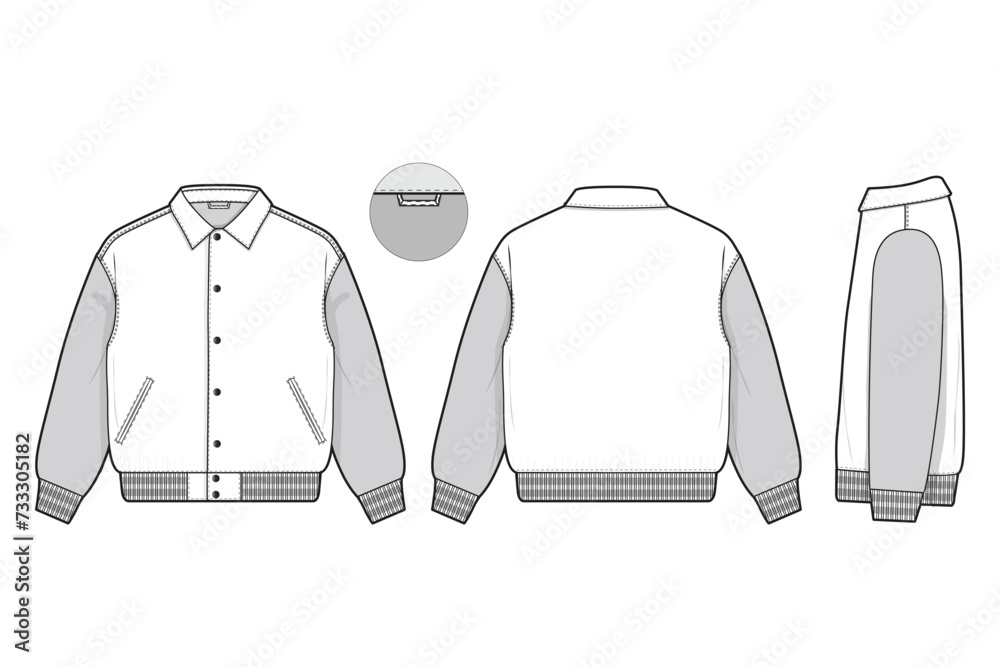 varsity letterman jacket collared flat technical drawing illustration ...