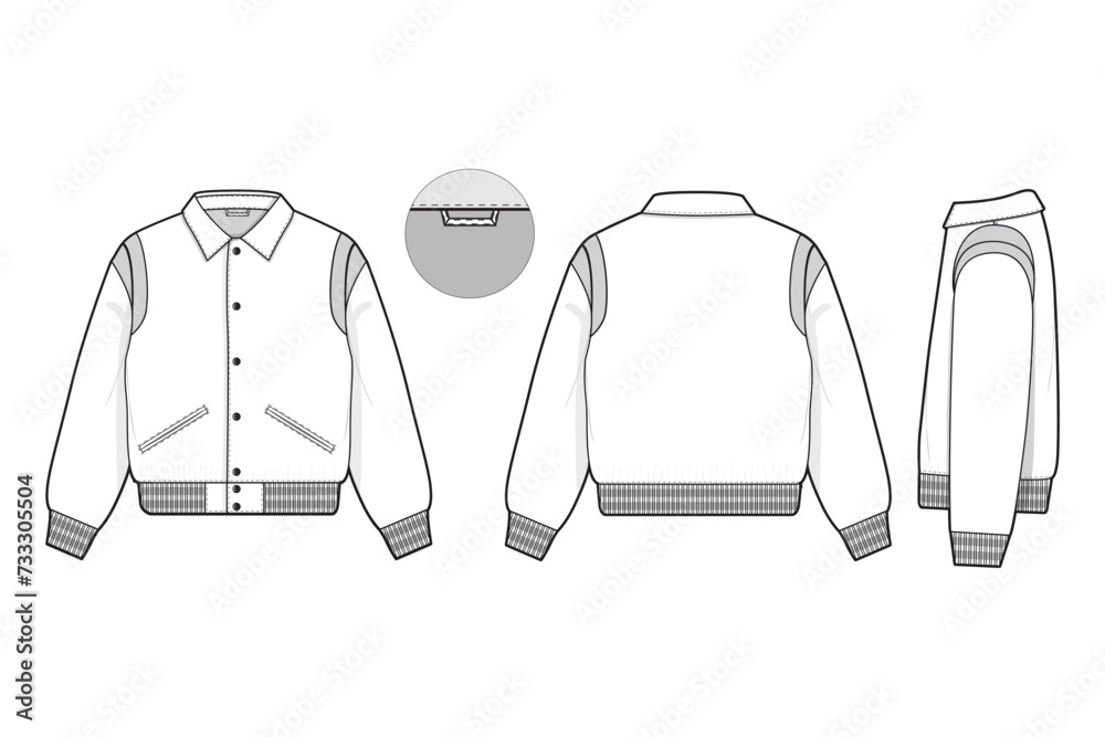 varsity letterman jacket button collared flat technical drawing ...