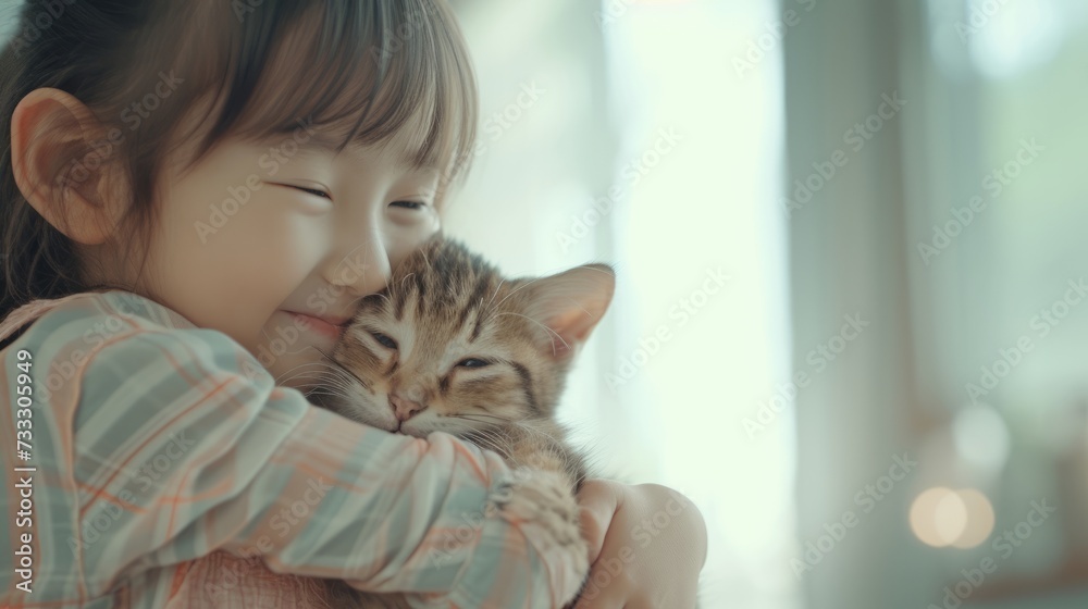 Little happy asian girl tenderly hugs her cat tightly in a bright ...