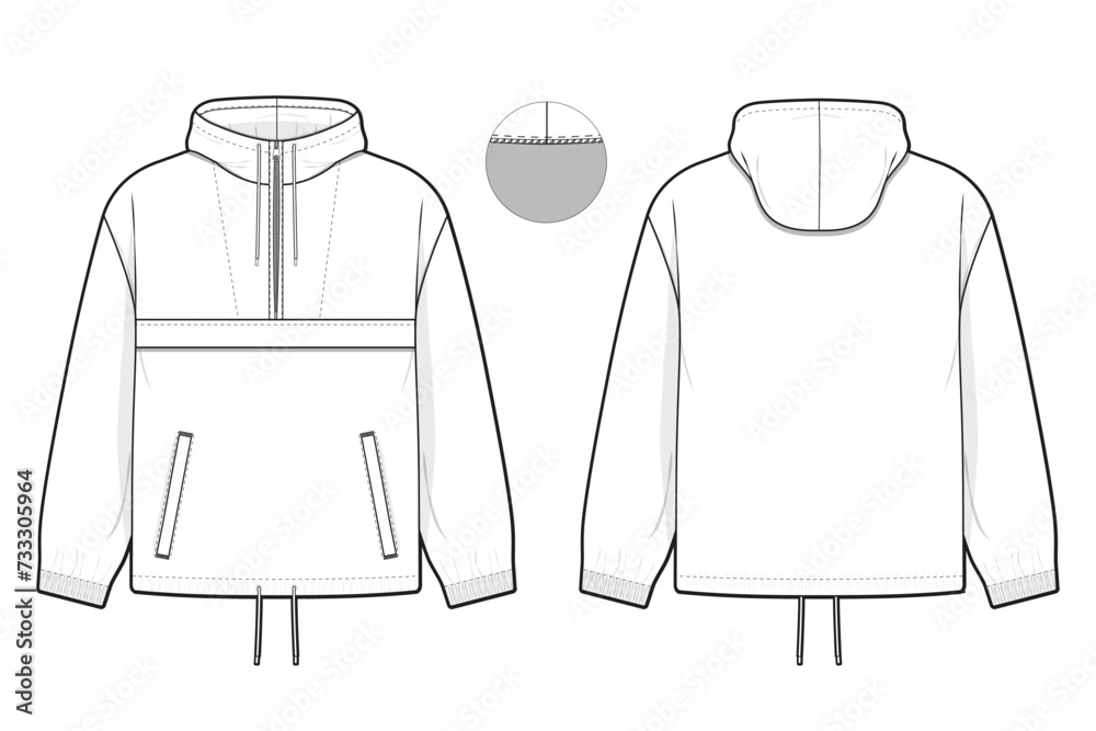 hooded anorak pullover windbreaker jacket flat technical drawing ...