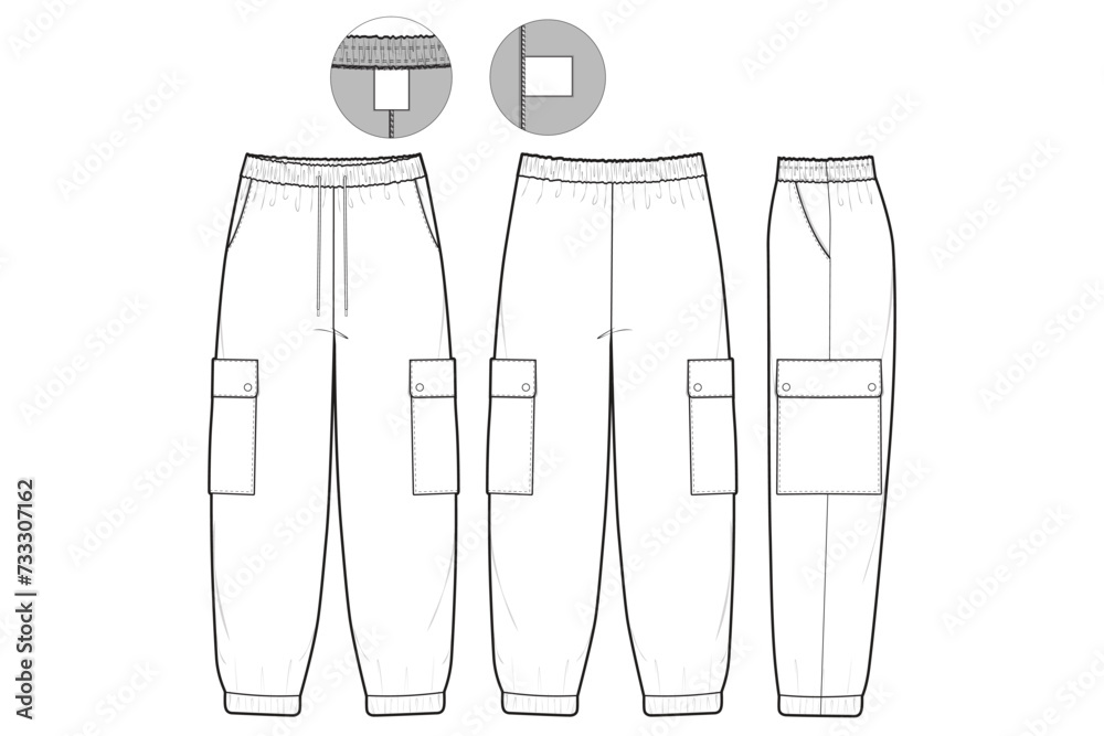 elastic Cargo jogger Pants Flat Technical Drawing Illustration Five ...