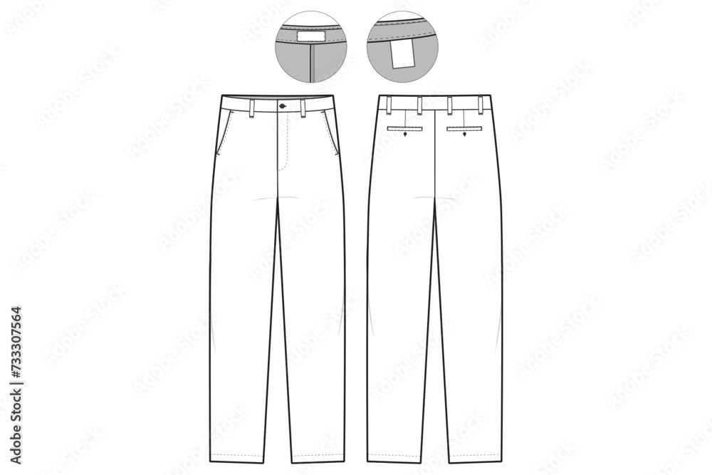 flat front chino Pants slim fit Flat Technical Drawing Illustration ...