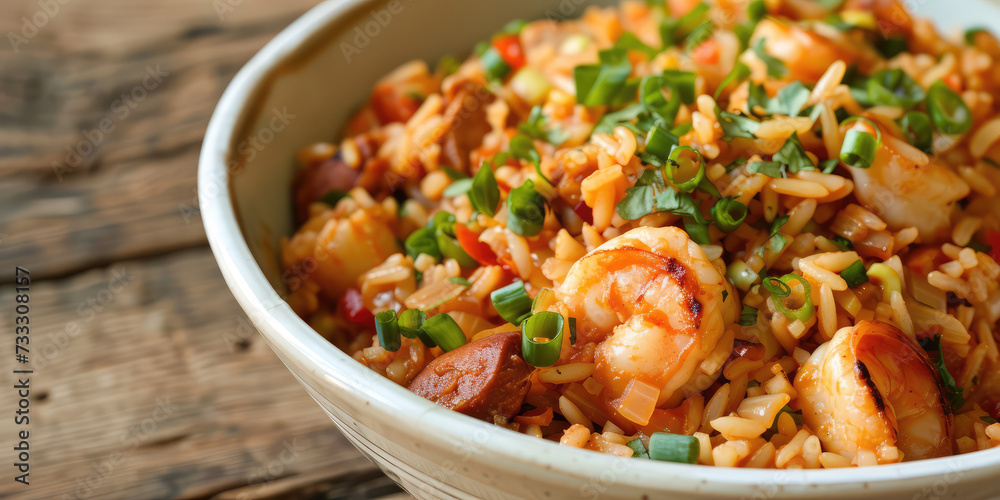 Savory Jambalaya with Shrimp. Close-up of jambalaya, a classic Creole ...