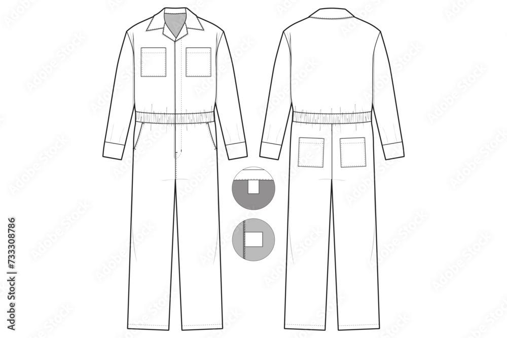 Jumpsuit coveralls long sleeve collared Flat Technical Drawing ...