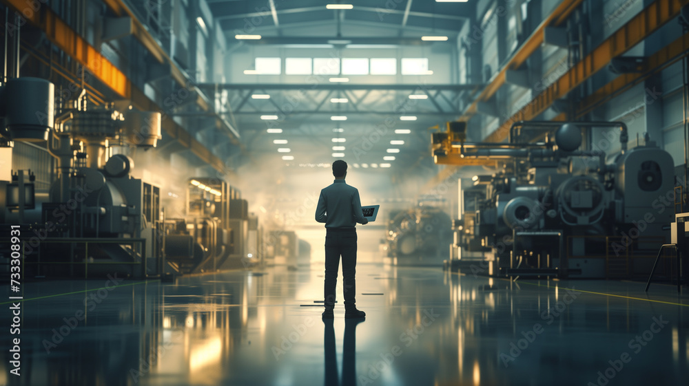 modern, well-lit factory, holding a tablet that displays the factory's ...