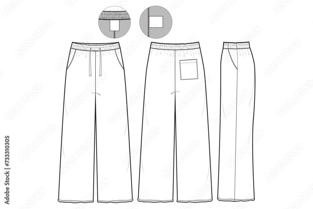wide leg Sweatpants Flat Technical Drawing Illustration Five Pocket ...