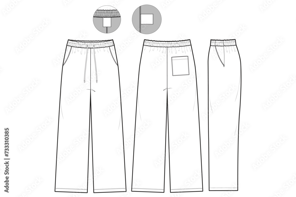wide leg Sweatpants Flat Technical Drawing Illustration Five Pocket ...