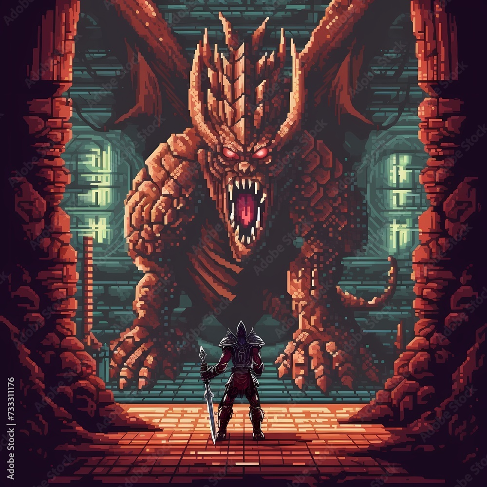 Pixel Art Hero Facing a Mighty Dragon in a Fantasy Dungeon Setting ...
