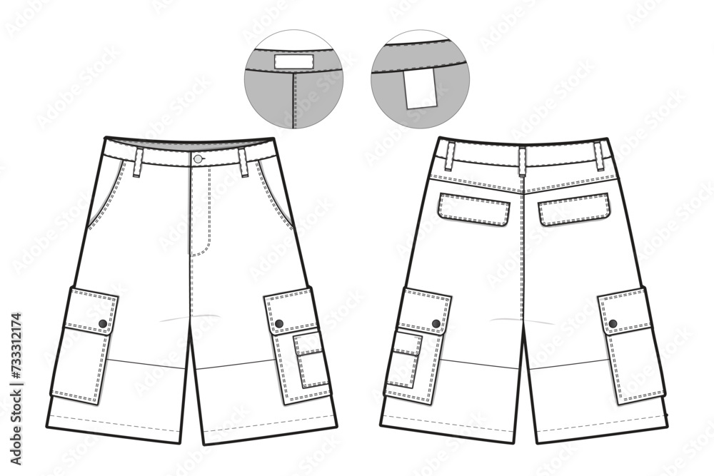 Cargo Shorts Flat Technical Drawing Illustration Five Pocket Classic ...