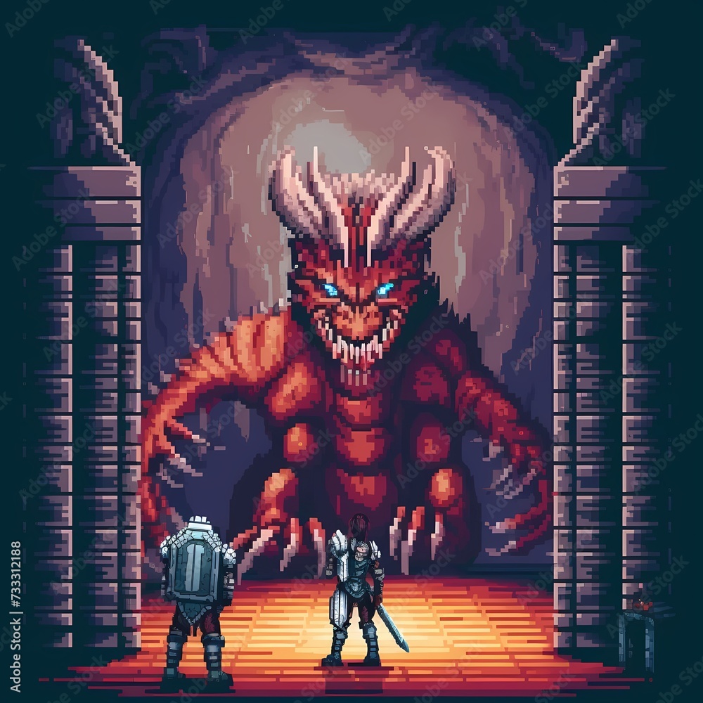 Pixel Art Heroes Confronting a Giant Monster in a Retro Gaming Scene ...