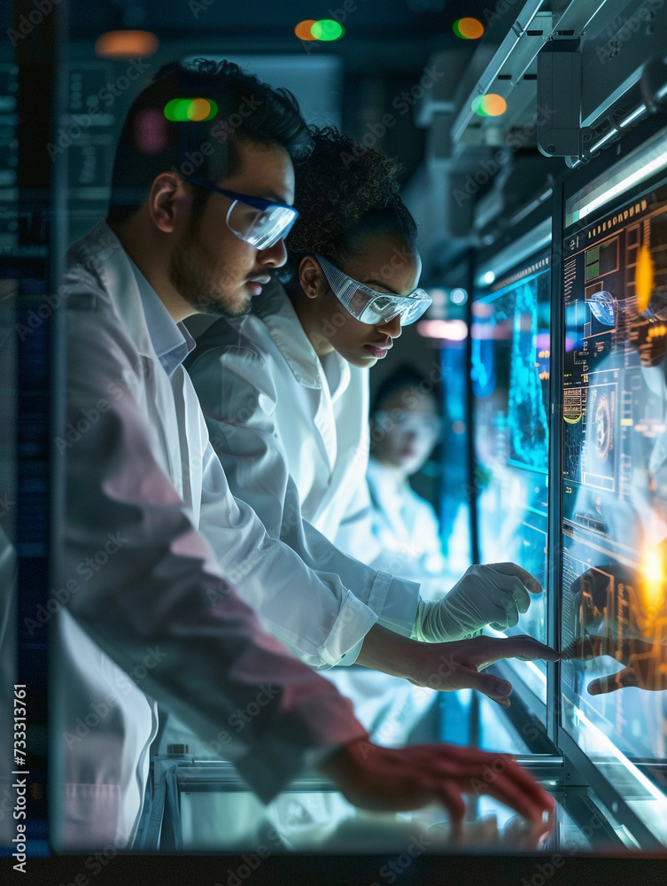 collaboration in a science lab, with researchers in lab coats intensely ...