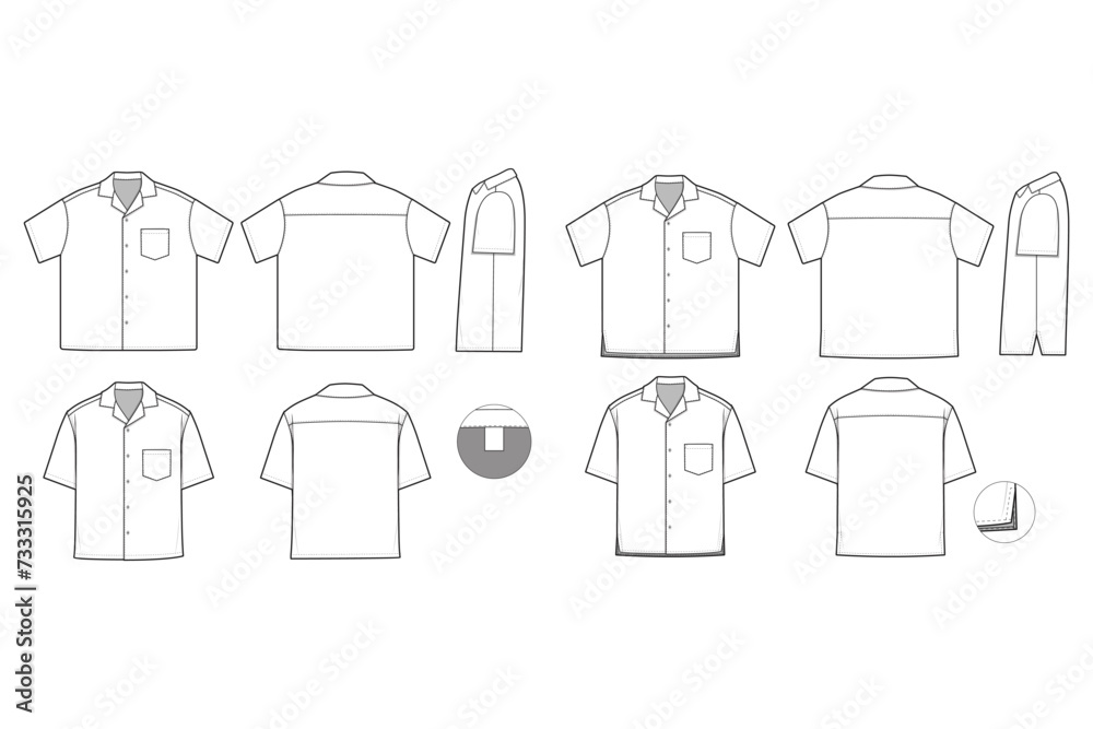 Camp Button Shirt Short Sleeve Flat Technical Drawing Illustration Blank Mock-up Template for ...