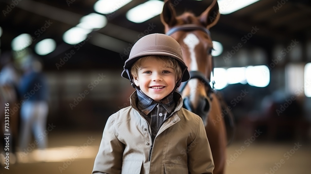 Smiling young horseback rider with helmet posing for the camera during ...