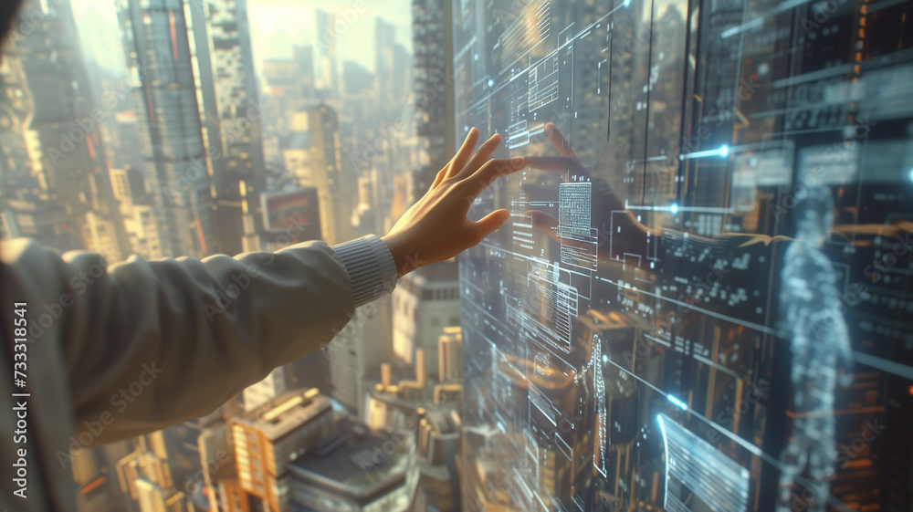 A digital art piece depicting a futuristic brainstorming session with a ...