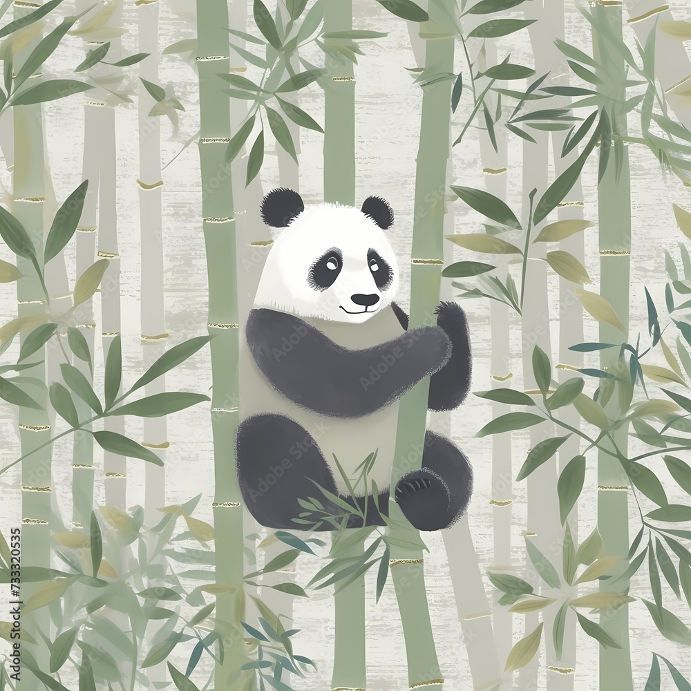 Whimsical Illustration of a Panda Clinging to Bamboo Stalks Stock ...