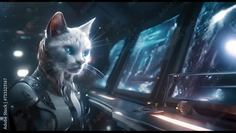 Anthropomorphic fantasy cat in cyborg armor. Fantastic android kitten ...