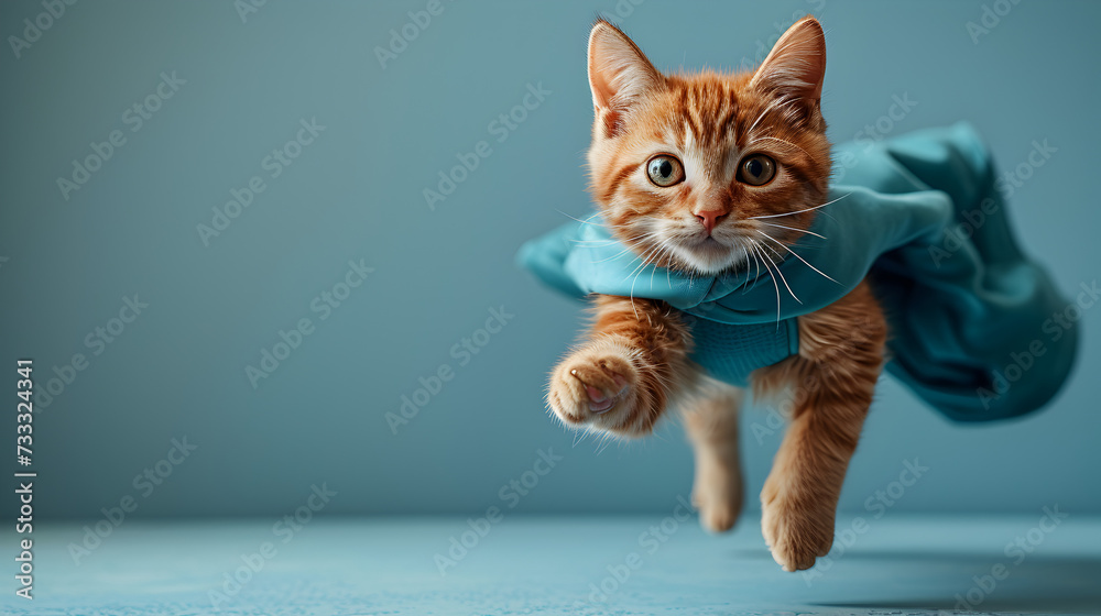 Flying sweet red cat with a blue cape Stock Photo | Adobe Stock