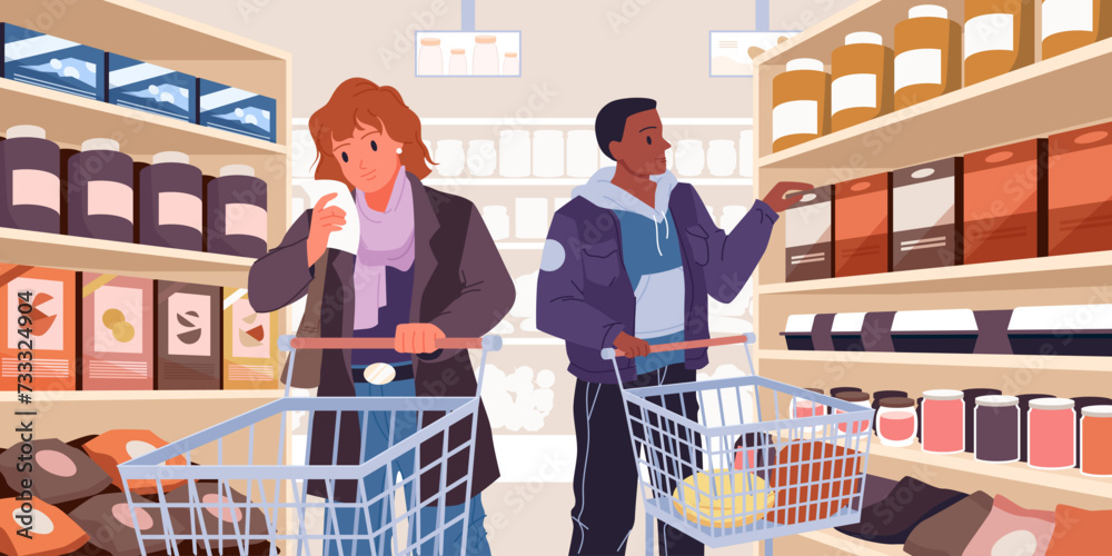 Shopping at grocery store or supermarket. Man and woman standing in ...