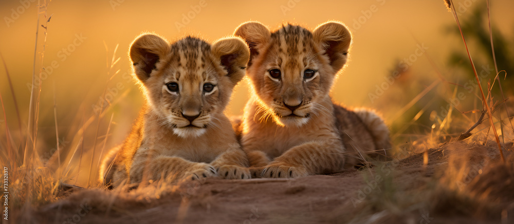Group of cute lion cubes Two cute lion cubs sitting on the rock in the ...