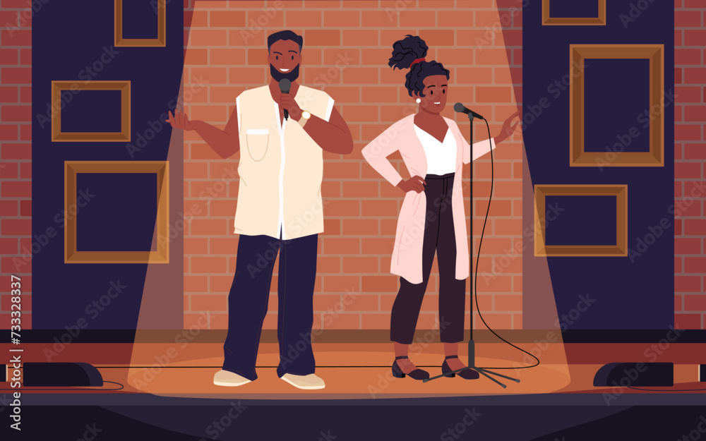 Comedy standup show with male and female comedians. Two talent artists ...