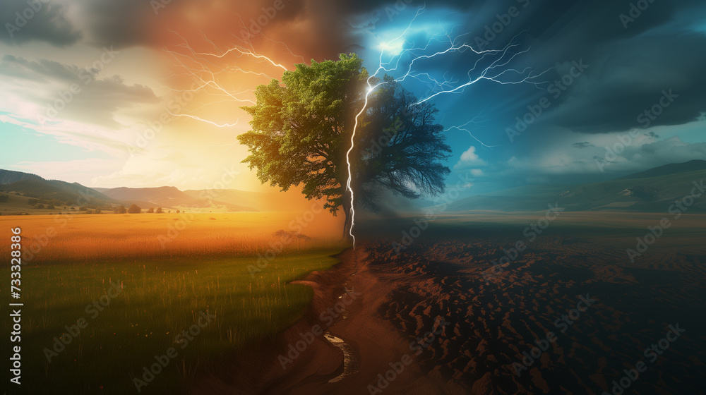 Dramatic Split Reality of Lightning Strike Dividing Sunny Field and ...