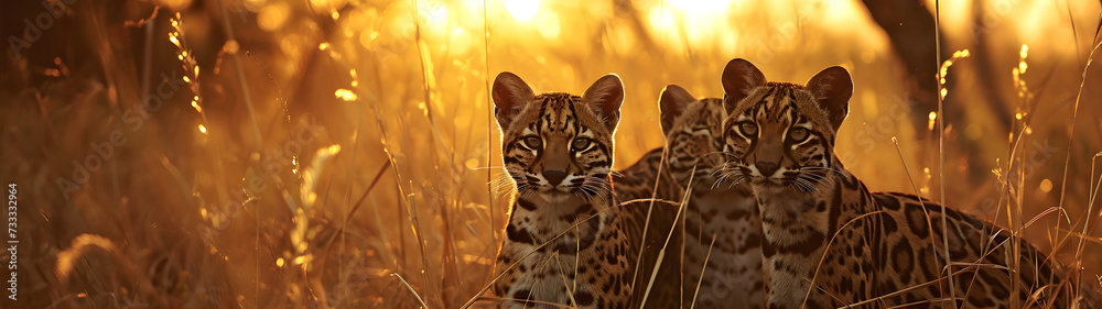 Ocelot family in the savanna with setting sun shining. Group of wild ...