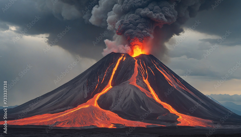 Volcanic eruption scenery with molten lava, magma flow, explosive ...