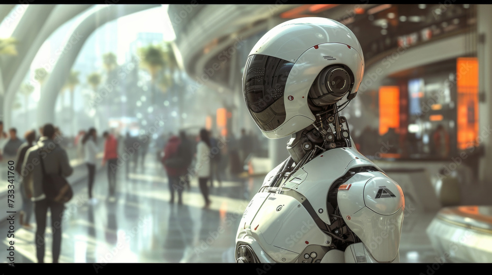 Futuristic autonomous humanoid robot engaged in navigation and ...