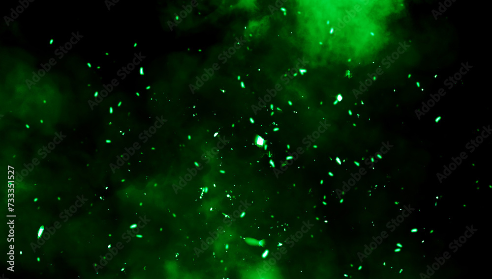 Blurred green fire embers sparks on black background . Texture isolated ...