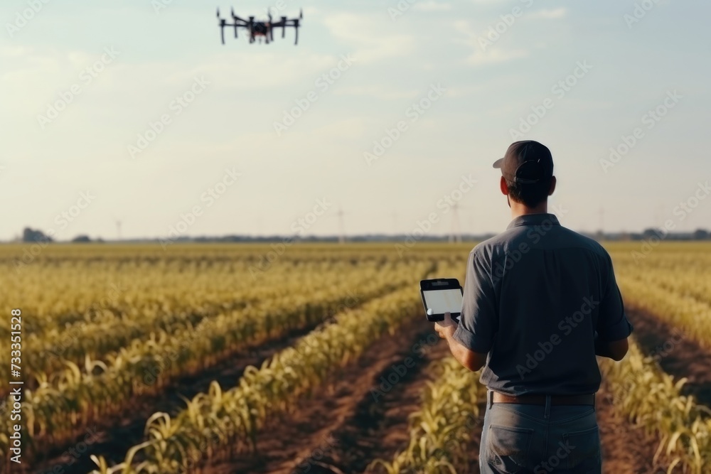 Farmer using drone to irrigate corn field from pests. Fusion of technology and traditional ...