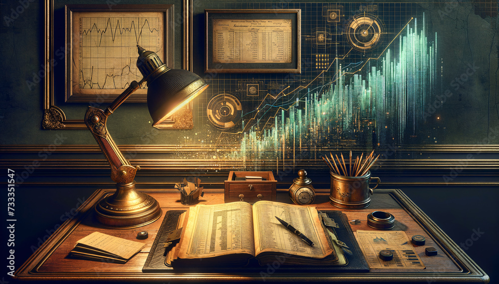 Vintage office desk with antique ledger and digital disintegration ...