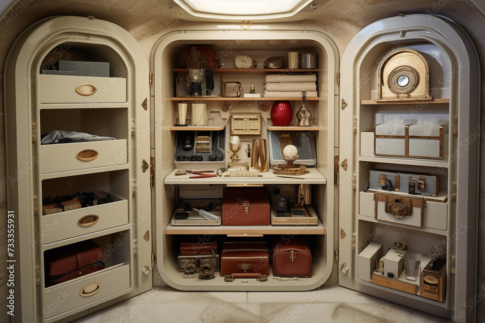 Safe room interior with shelves and compartments, providing organized ...