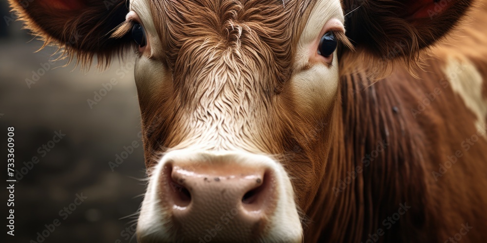 A detailed close-up shot of a cow's face with a blurred background ...