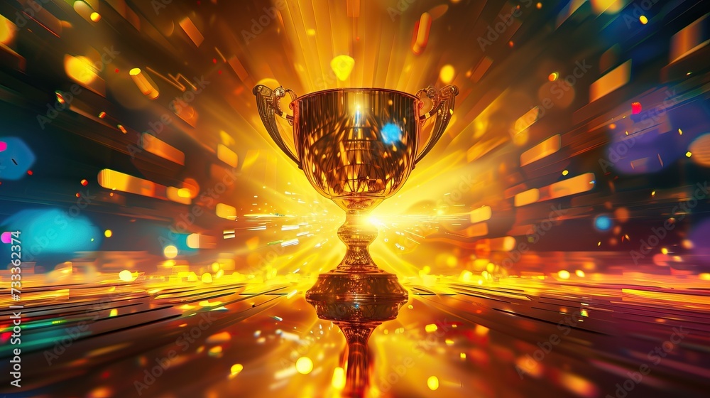 This image showcases a shiny golden trophy positioned in the center ...