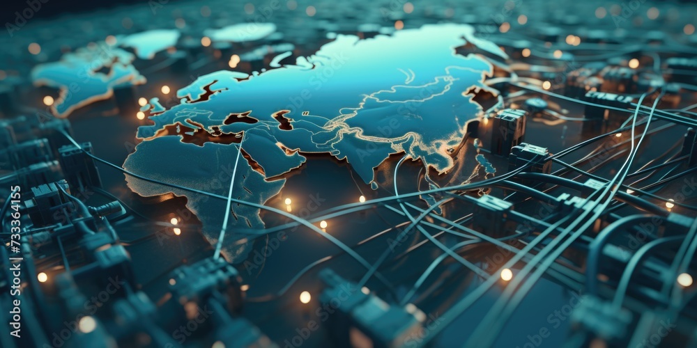 A map of the world surrounded by a network of wires. Can be used to ...