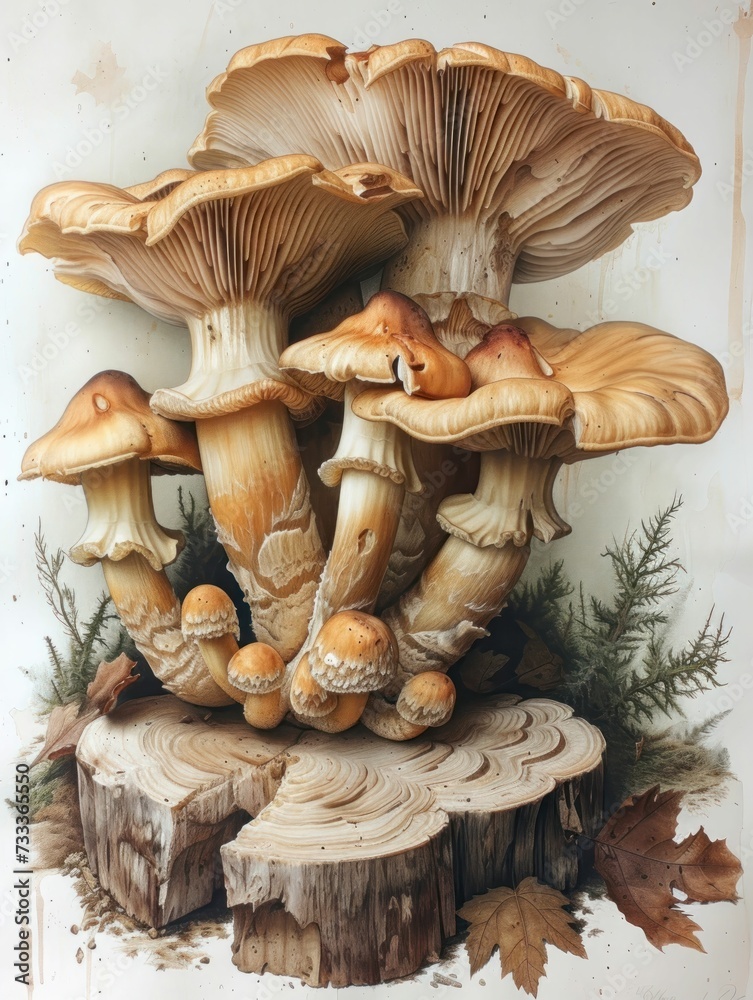 Botanical drawing of a series of mushrooms, detailing their varied ...