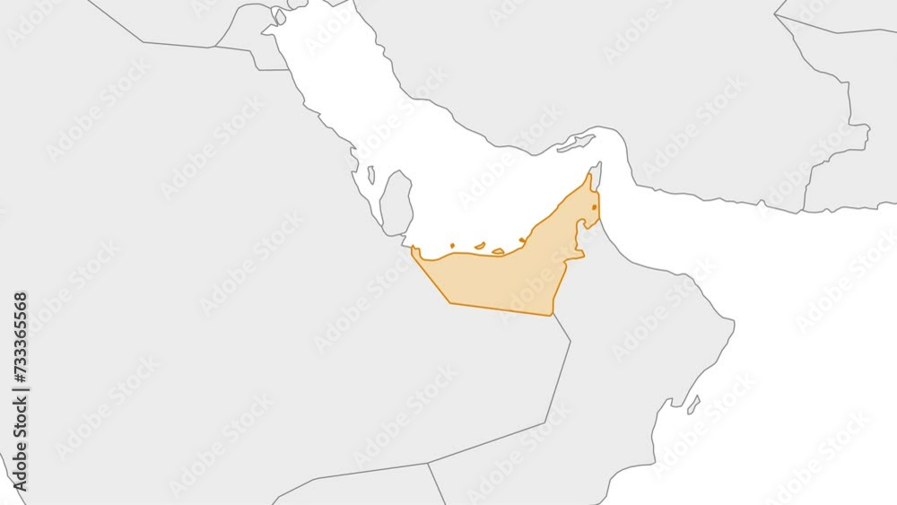 United Arab Emirates country map on the world map. Animation of map ...