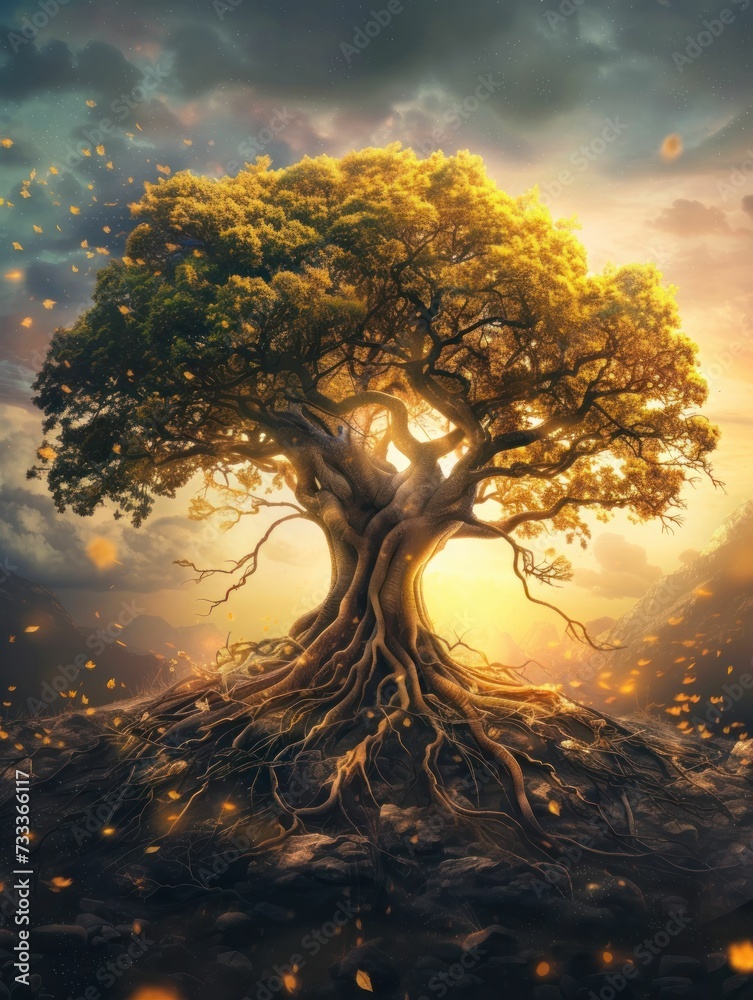 Illustration of an ancient tree with deep roots, symbolizing the ...