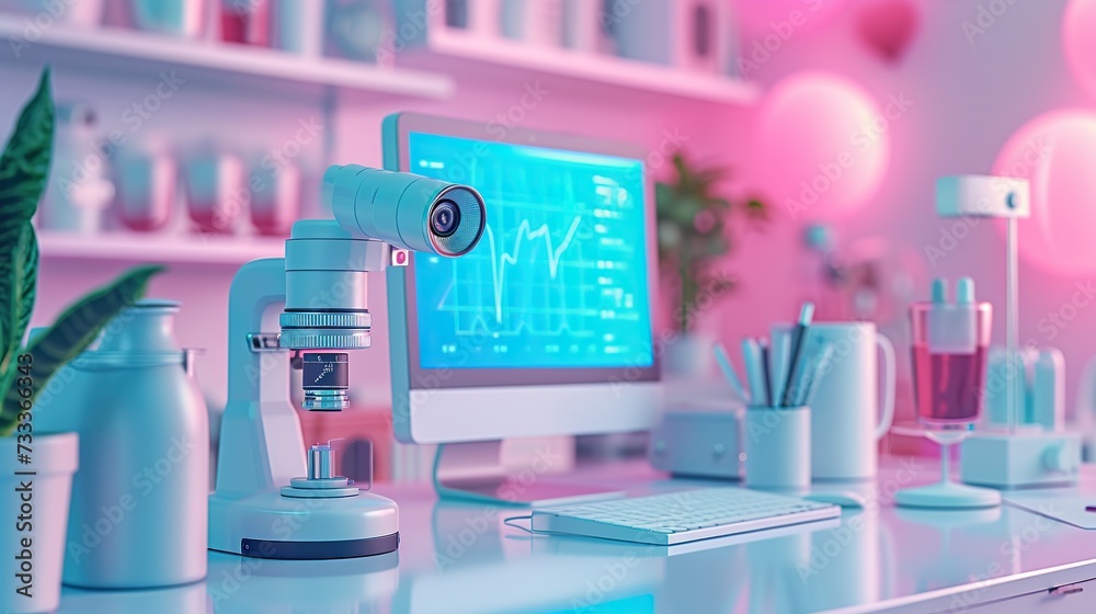 A contemporary laboratory setup featuring a microscope and computer ...