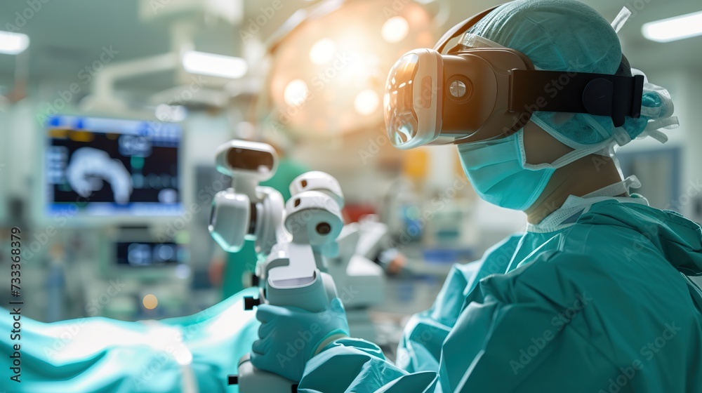 In a well-equipped operating theater, a surgeon is using VR-assisted ...