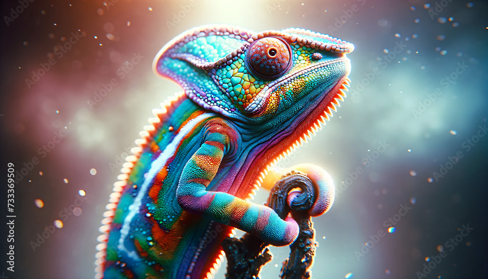 Vibrant rainbow-scaled chameleon in a playful pose, rendered in high ...