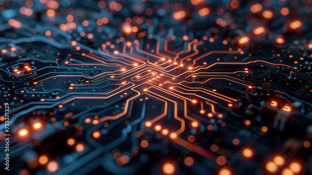 Macro photography of a circuit board with glowing orange pathways ...