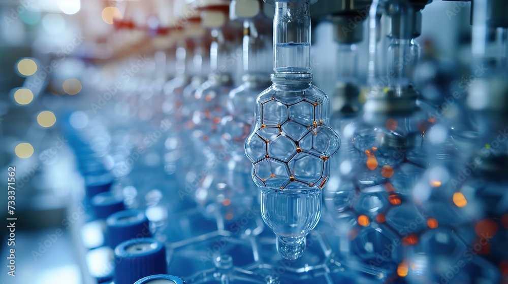 Automated pharmaceutical production line featuring numerous glass vials ...