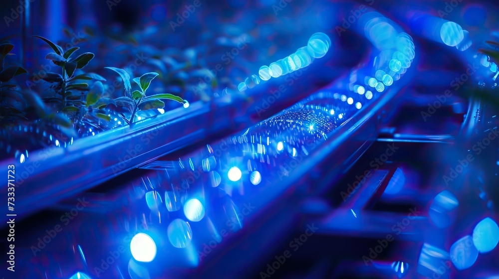 Hydroponic plants thriving under the glow of blue LED lights ...