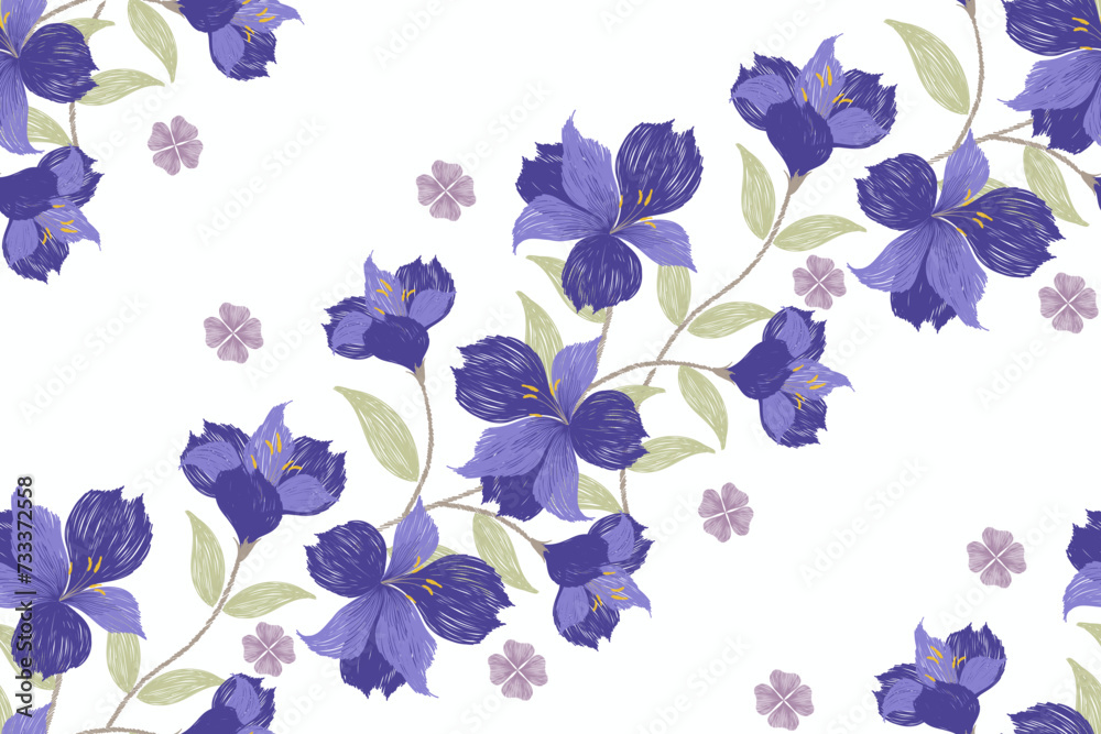 Vintage blue floral pattern seamless Ikat batik small blue orchid ...